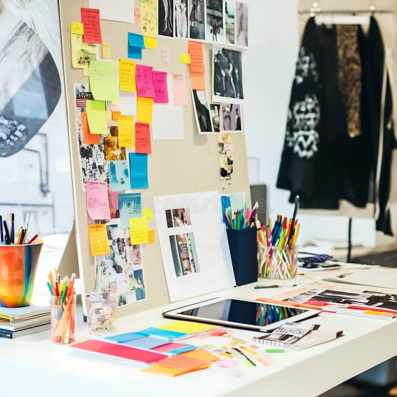 A White Board with Colorful Sticky Notes and Pictures on it Stock ...