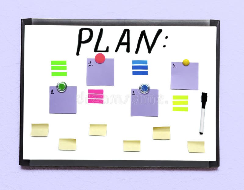 White Board with a Plan and Colored Sheets of Paper for Notes, on a ...