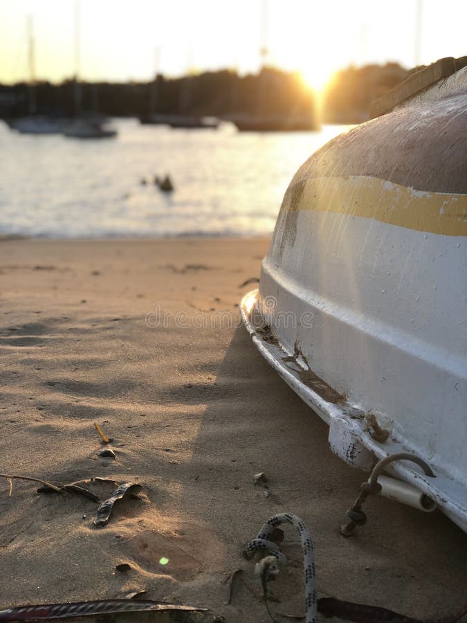 White Boat in the Sand in a Beach on a Sunny Day Stock Photo - Image of ...