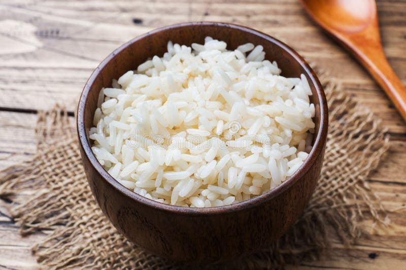 White Boiled Rice in a Wooden Bowl. Rustic Style Stock Photo - Image of ...