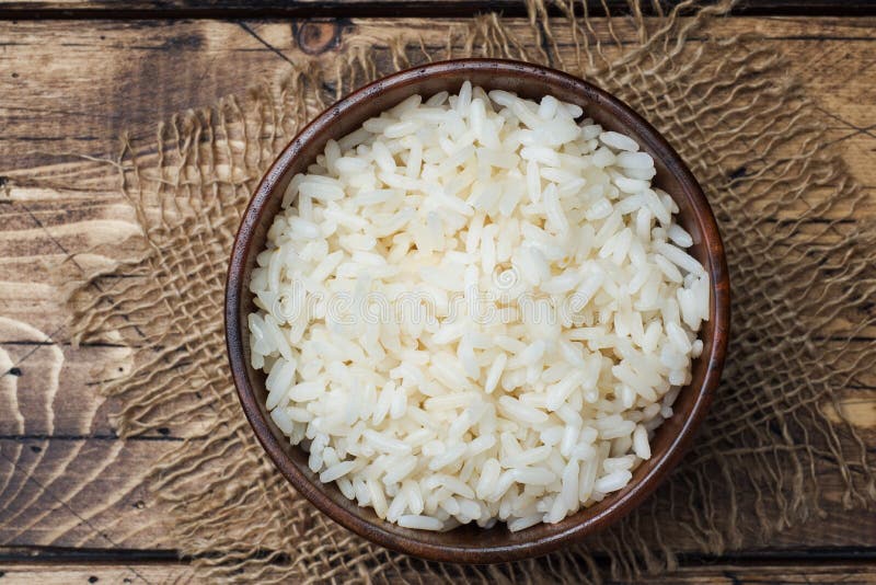 White Boiled Rice in a Wooden Bowl. Rustic Style Stock Photo - Image of ...