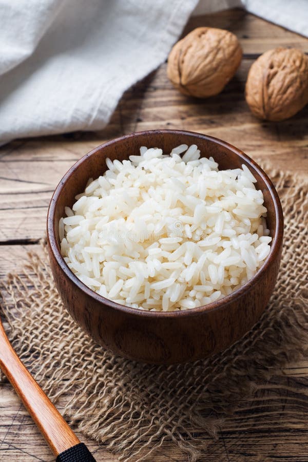 White Boiled Rice in a Wooden Bowl. Rustic Style Stock Image - Image of ...