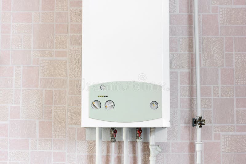 White Boiler for Water Heating and Piping System with Grey Pipe Stock ...