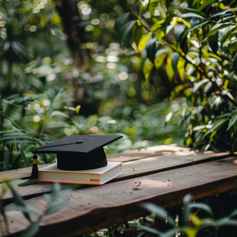 White Book with Black Graduation Cap on Rustic Table Against Lush Green ...