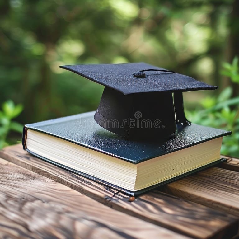 White Book and Black Graduation Cap on Rustic Table in Tranquil Forest ...