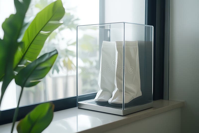 White Boots in Glass Display Case on Window Sill Stock Illustration ...