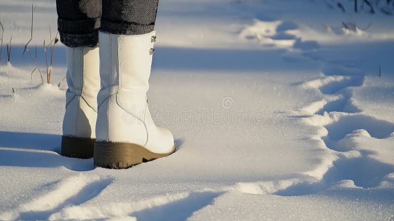 White Boots in Snowy Landscape; Footprints in the Snow Stock Photo ...