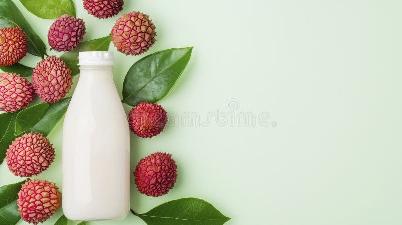 Fresh Lychee Milk Bottle with Green Leaves on Light Green Background ...