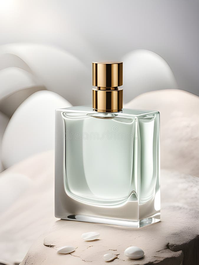 White Bottle of Perfume with a Stone on a White Background Stock ...