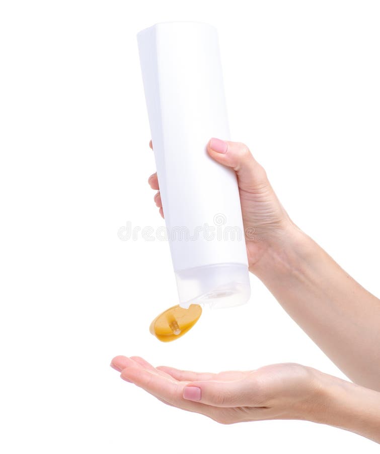 White Bottle Shampoo in Hand Stock Image - Image of isolated, bubble ...