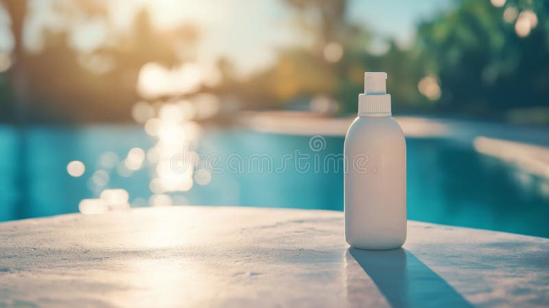 White Bottle of Sunscreen Lying on a Poolside Table Stock Image - Image ...