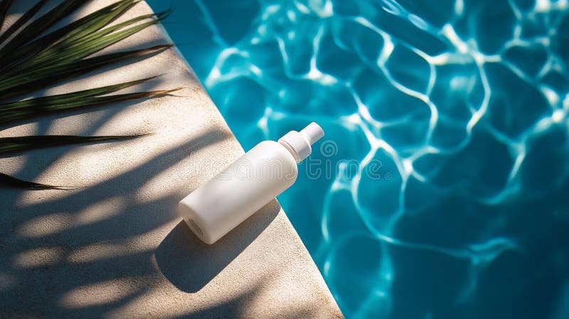 White Bottle of Sunscreen Lying on a Poolside Table Stock Photo - Image ...