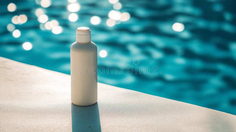 White Bottle of Sunscreen Lying on a Poolside Table Stock Image - Image ...