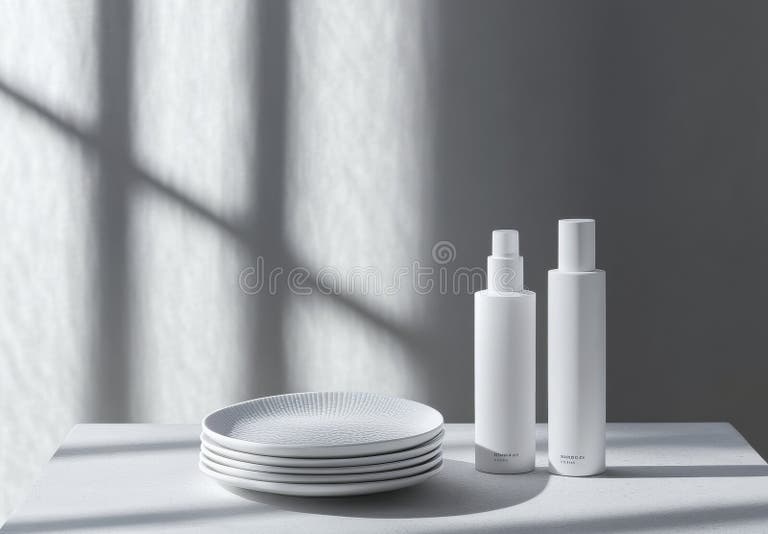 White Bottles and Textured Plates on Gray Surface Stock Illustration ...