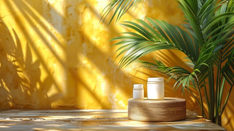 White Bottles on Wooden Platform with Palm Tree and Sun Rays Stock ...