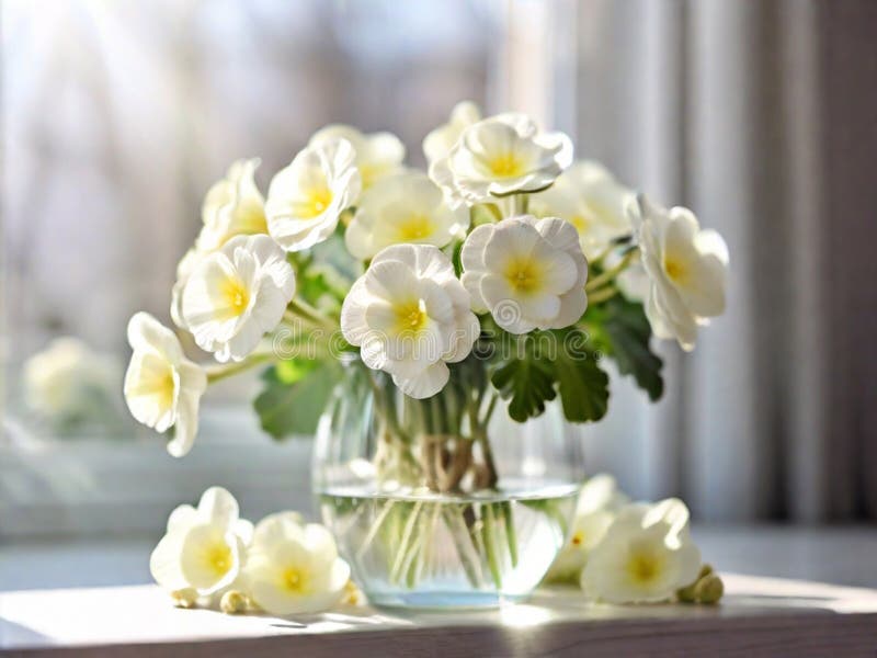 A White Bouquet of Primroses in a Glass Vase on a Table by the Window ...
