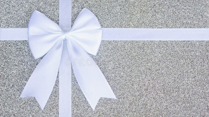 White Bow and Ribbon on a Silver Glitter Gift Box Stock Image - Image ...