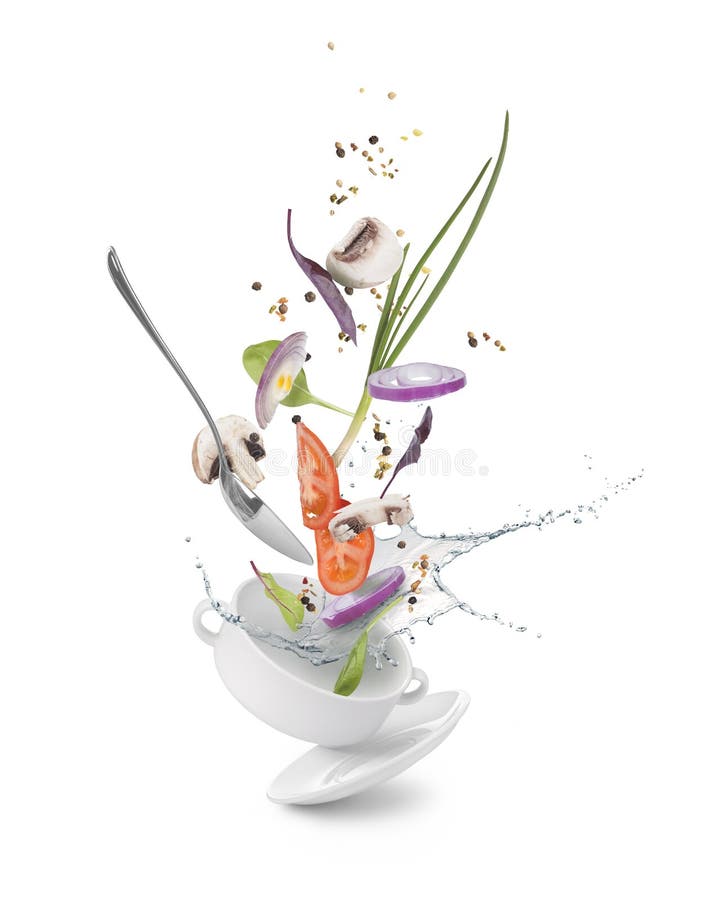 White Bowl with Falling Soup Ingredients Stock Photo - Image of pepper ...