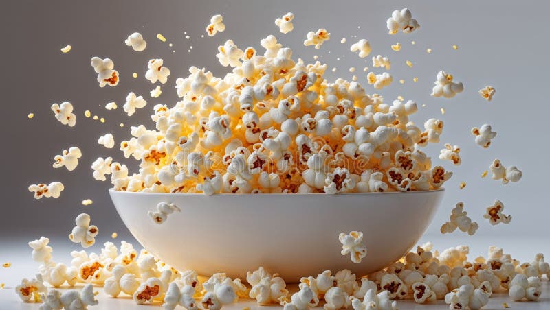 A White Bowl Filled with Buttery Popcorn with Pieces Flying Around ...