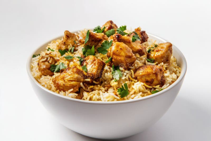 A White Bowl Filled with Cooked Rice and Meat Stock Image - Image of ...