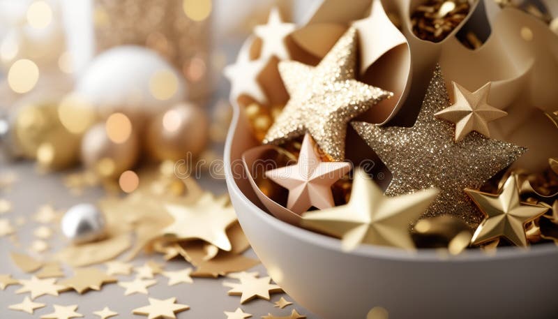 A White Bowl Filled with Gold Stars on Top of a Table Stock ...