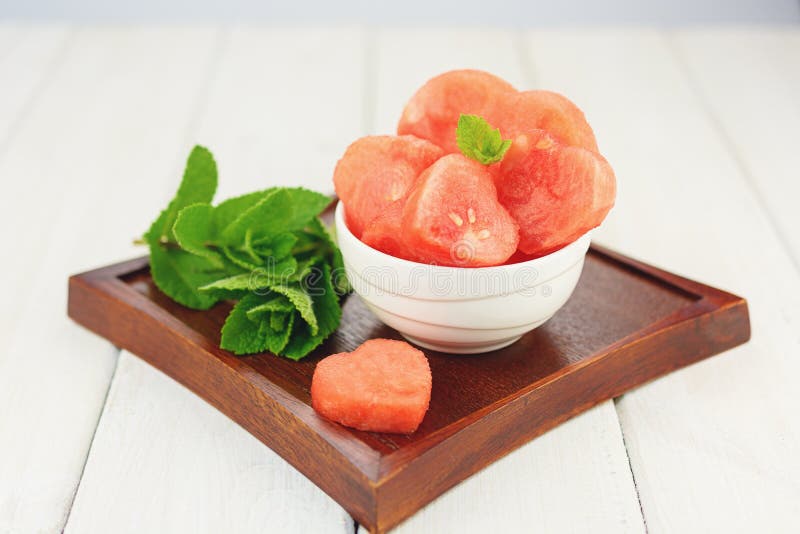 White Bowl Full of Red Hearts from the Watermelon. Stock Photo - Image ...