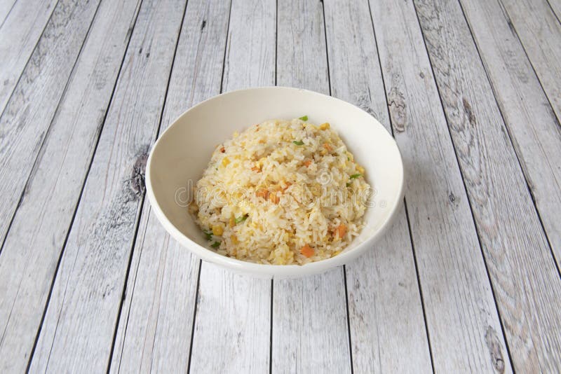 White Bowl of Rice Three Delights Cooked in a Chinese Restaurant with ...