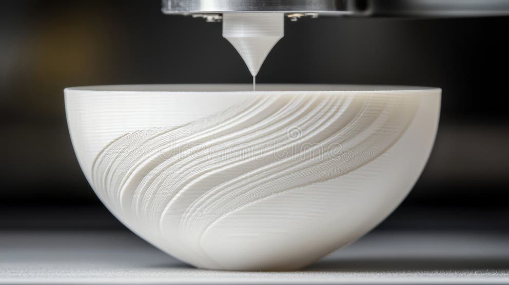 A White Bowl with a Wave Pattern is Being Printed by a 3D Printer ...