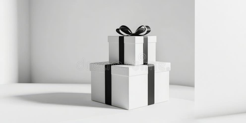 A White Box with a Black Ribbon Sits on a White Surface Stock ...