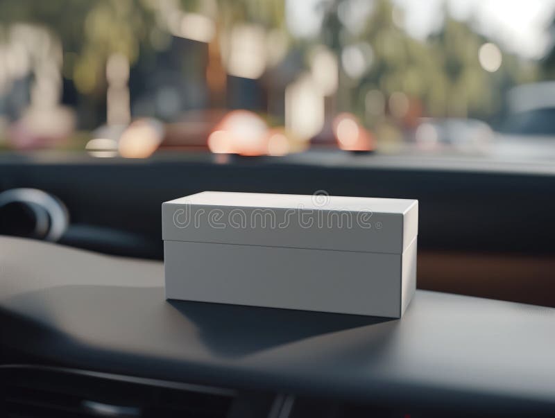 White Box on Car Dashboard with Blurry City Background Stock Photo ...