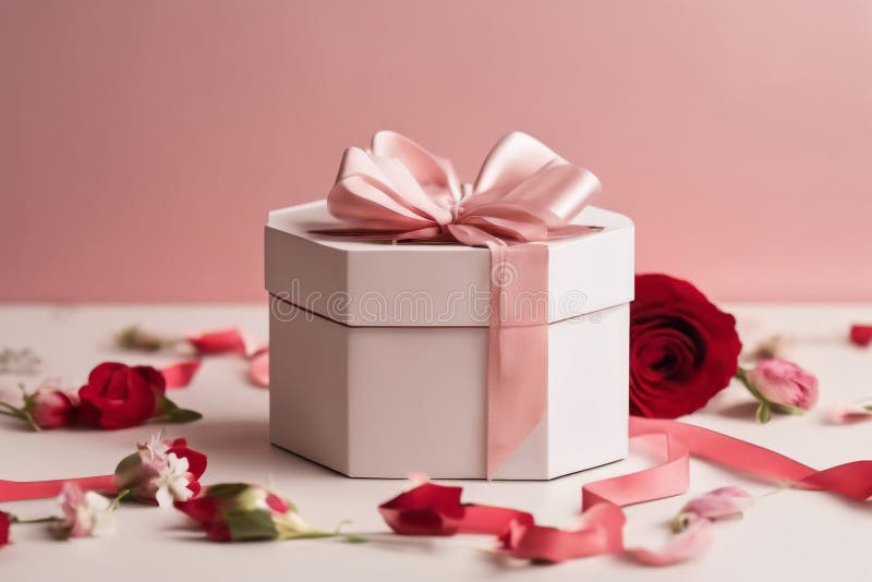 A White Box with a Pink Ribbon on Top of a Table with Red Flowers Stock ...