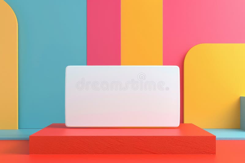 White Box is on a Red Platform in Front of a Colorful Wall with ...