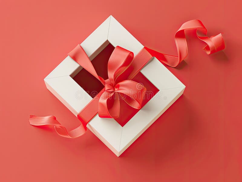 A White Box with a Red Ribbon and Bow Placed on a Red Background Stock ...