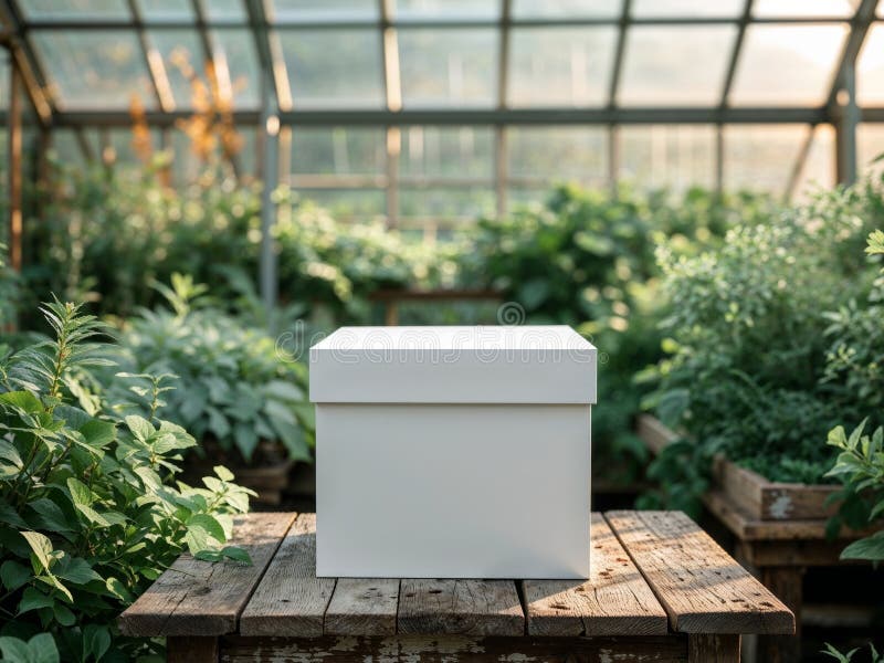 White Box on Rustic Wooden Table in Greenhouse Setting Stock Photo ...