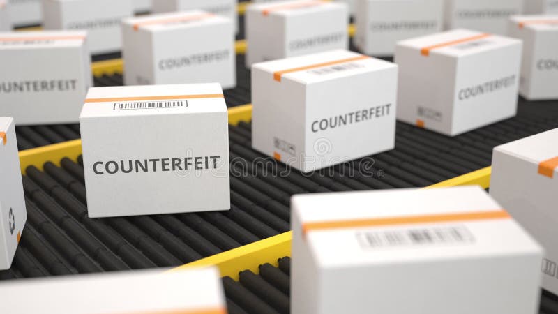 COUNTERFEIT Text on White Cartons Moving Along the Conveyor. 3D ...