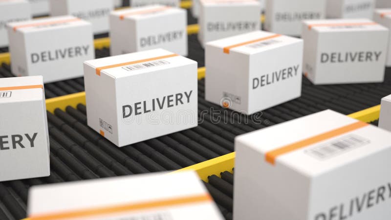 DELIVERY Text on White Boxes on the Industrial Conveyor. 3D Rendering ...