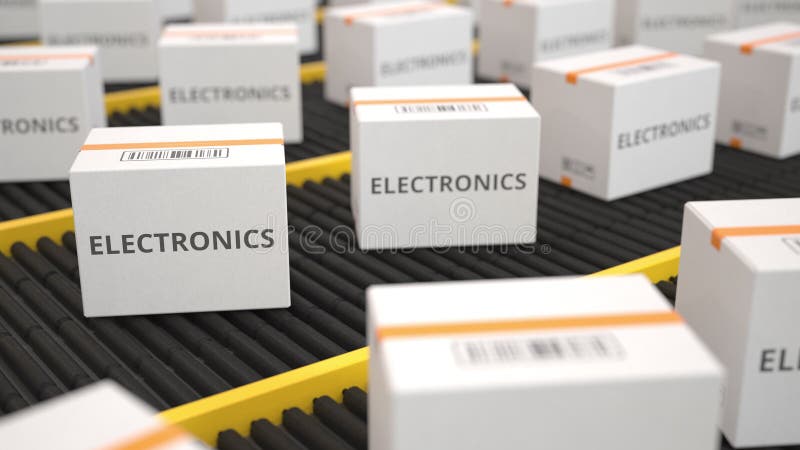 ELECTRONICS Text on White Cartons Moving Along the Conveyor. 3D ...