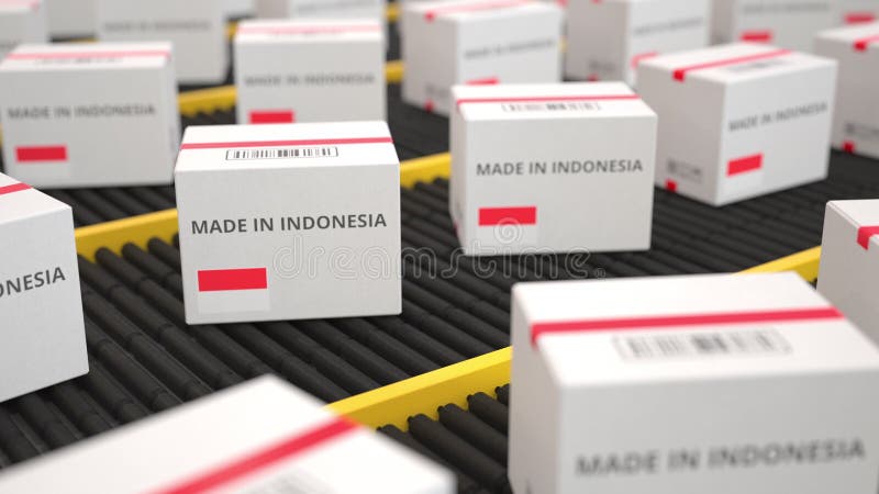 MADE in INDONESIA Text on White Boxes on the Industrial Conveyor. 3D ...