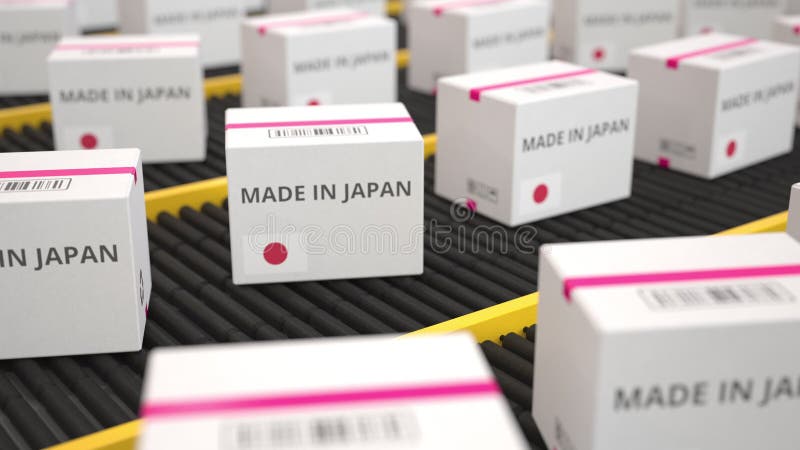 MADE in JAPAN Text on White Cartons Moving Along the Conveyor. Seamless ...