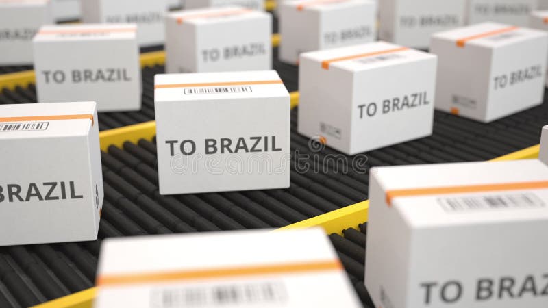 White Boxes with TO BRAZIL Text on Conveyor. Seamless Loopable 3D ...