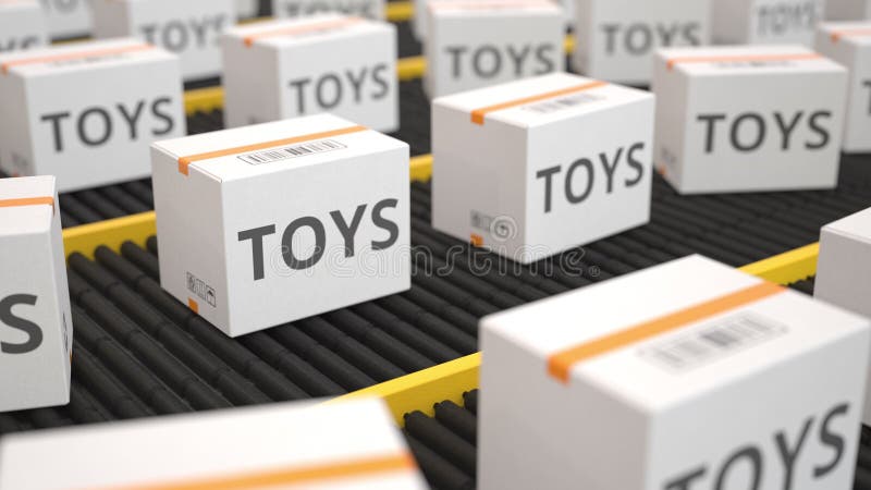 TOYS Text on White Boxes on the Industrial Conveyor. 3D Rendering Stock ...