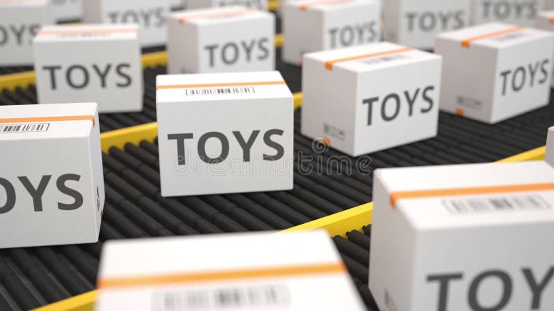 TOYS Text on White Boxes on the Industrial Conveyor. Seamless Loopable ...
