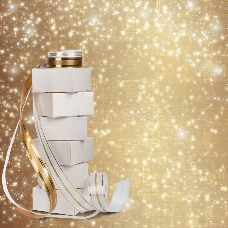 White Boxes with Gifts with Gold Ribbon Stock Image - Image of december ...