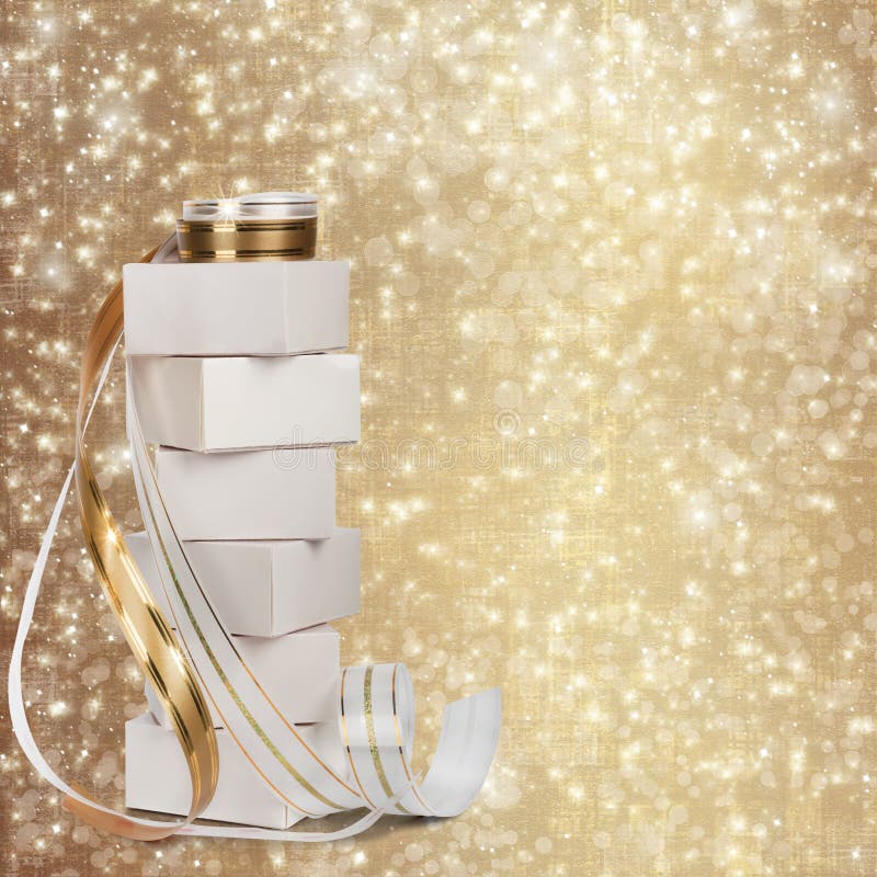 White Boxes with Gifts with Gold Ribbon Stock Image - Image of ...
