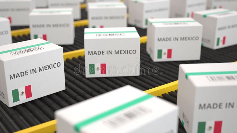 White Boxes with MADE in MEXICO Text on Conveyor. 3D Rendering Stock ...