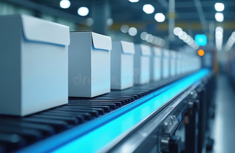 White Boxes Move on Automated Blue Illuminated Conveyor Belt in Tech ...
