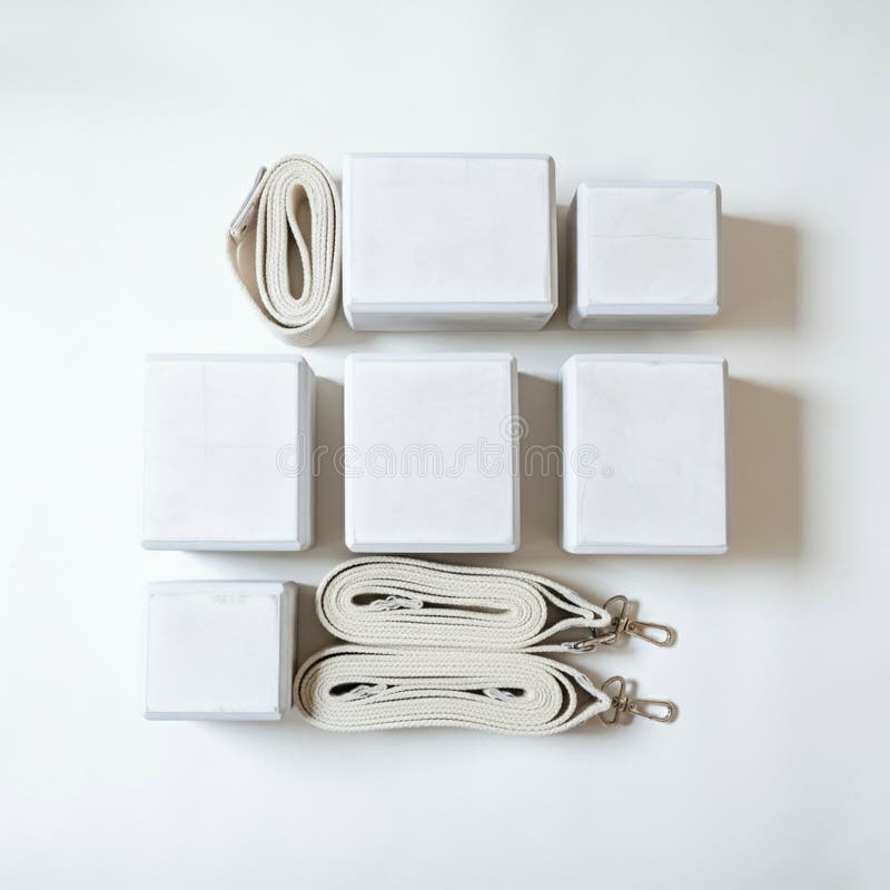 White Boxes and Rolled Beige Straps are Arranged Neatly on a White ...