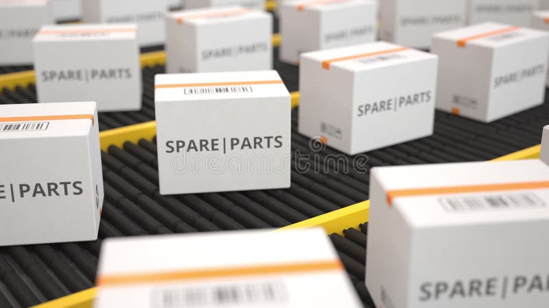 White Boxes with SPARE PARTS Text on Conveyor. Seamless Loopable 3D ...