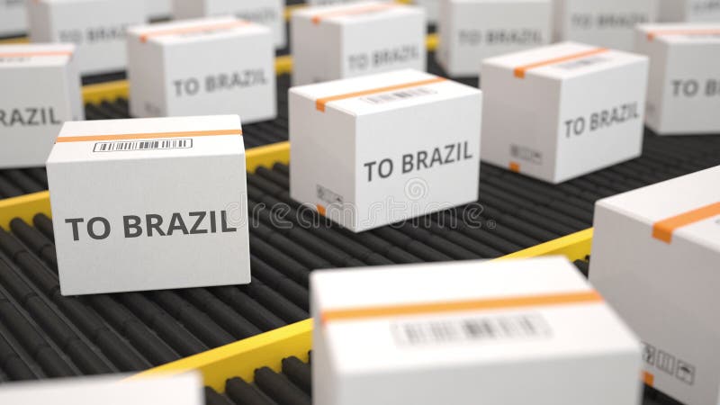 White Boxes with TO BRAZIL Text on Conveyor. 3D Rendering Stock ...