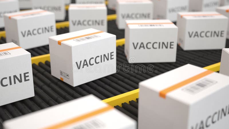 White Boxes with VACCINE Text on Conveyor. 3D Rendering Stock ...